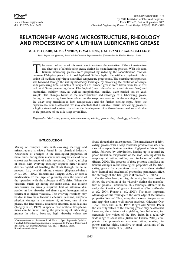 (PDF) Relationship Among Microstructure, Rheology and Processing of a Lithium Lubricating Grease