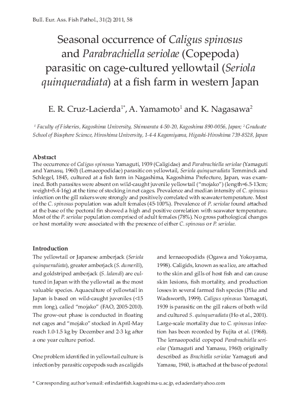 (PDF) Seasonal occurrence of Caligus spinosus and Parabrachiella ...