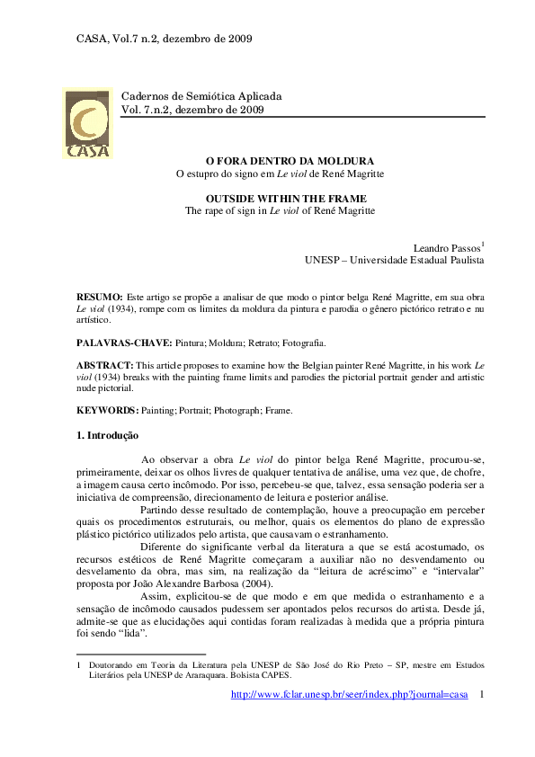 (PDF) O Fora dentro da Moldura O estupro do signo em Le Viol de René ...