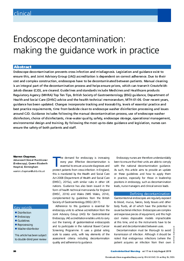 (PDF) Endoscope decontamination: making the guidance work in practice