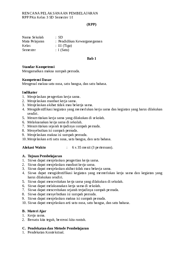 (PDF) RENCANA PELAKSANAAN PEMBELAJARAN RPP PKn Kelas 3 SD Semester 1/I ...