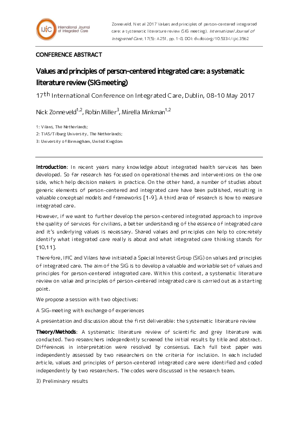 (PDF) Values and principles of person-centered integrated care: a systematic literature review ...