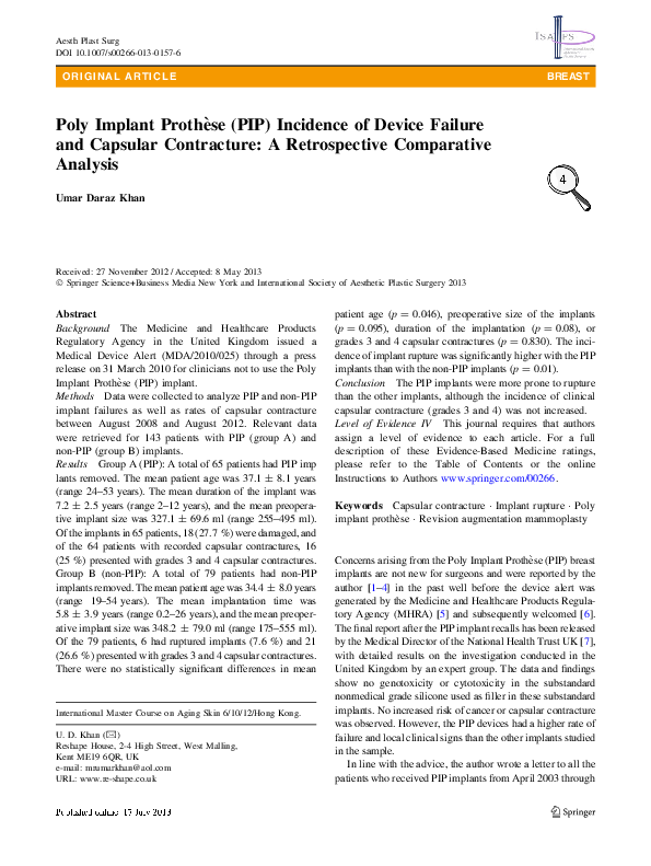 (PDF) Poly Implant Prothèse (PIP) Incidence of Device Failure and ...