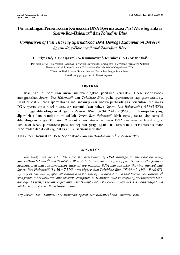 (PDF) Perbandingan Pemeriksaan Kerusakan DNA Spermatozoa Post Thawing ...