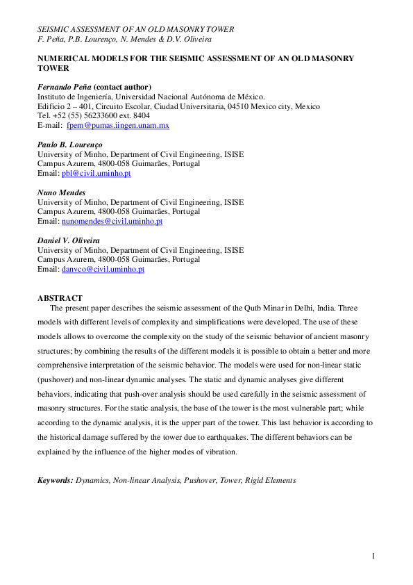 (PDF) Numerical models for the seismic assessment of an old masonry tower | Fernando Peña ...