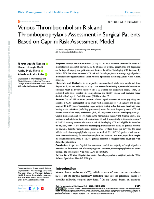 (PDF) Venous Thromboembolism Risk and Thromboprophylaxis Assessment in Surgical Patients Based ...