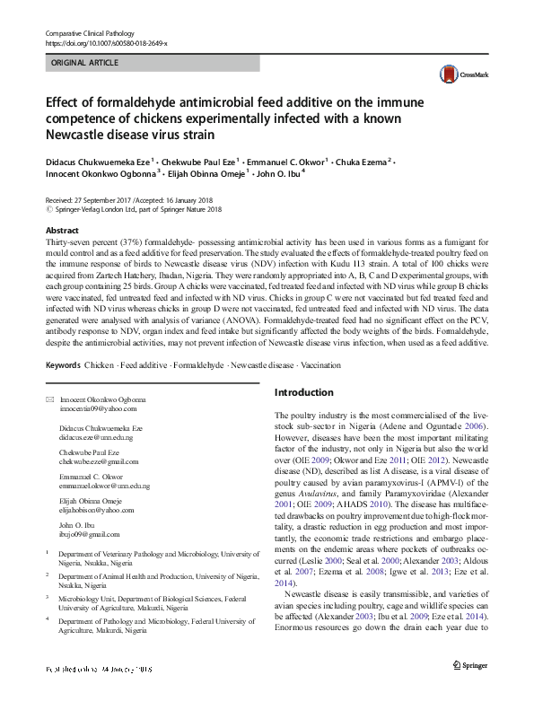 (PDF) Effect of formaldehyde antimicrobial feed additive on the immune ...