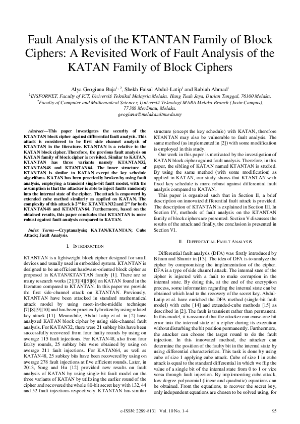(PDF) Fault Analysis of the KTANTAN Family of Block Ciphers: A Revisited Work of Fault Analysis ...