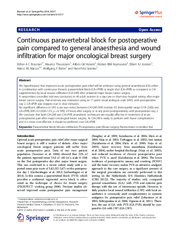 (PDF) Continuous paravertebral block for postoperative pain compared to ...