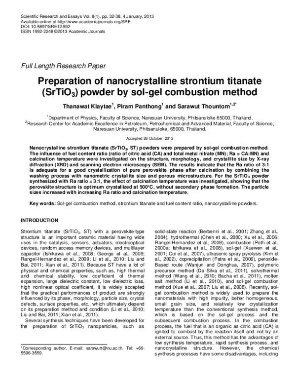 (PDF) Preparation of nanocrystalline strontium titanate (SrTiO3) powder by sol-gel combustion method