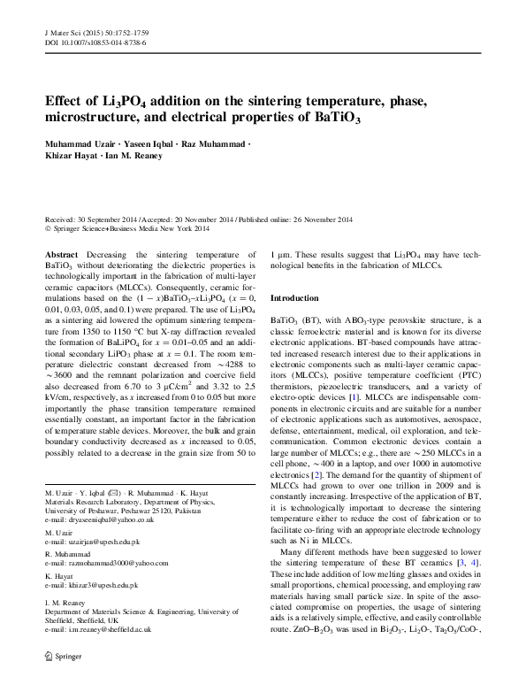 Pdf Effect Of Li3po4 Addition On The Sintering Temperature Phase Microstructure And