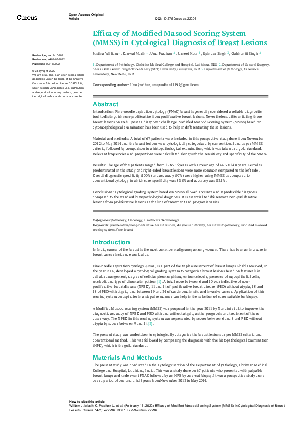 (PDF) Efficacy of Modified Masood Scoring System (MMSS) in Cytological ...