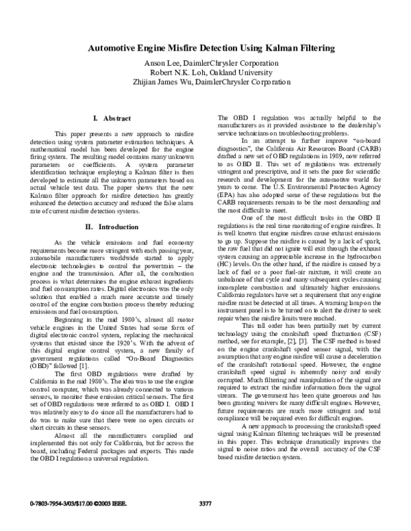 (PDF) Automotive engine misfire detection using Kalman filtering