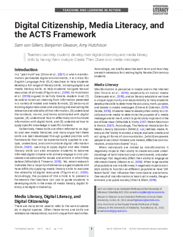 (PDF) Digital Citizenship, Media Literacy, and the ACTS Framework