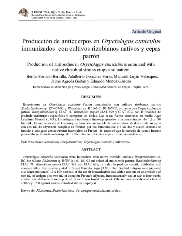 (PDF) Producción de anticuerpos en Oryctolagus cuniculus inmunizados con cultivos rizobianos ...
