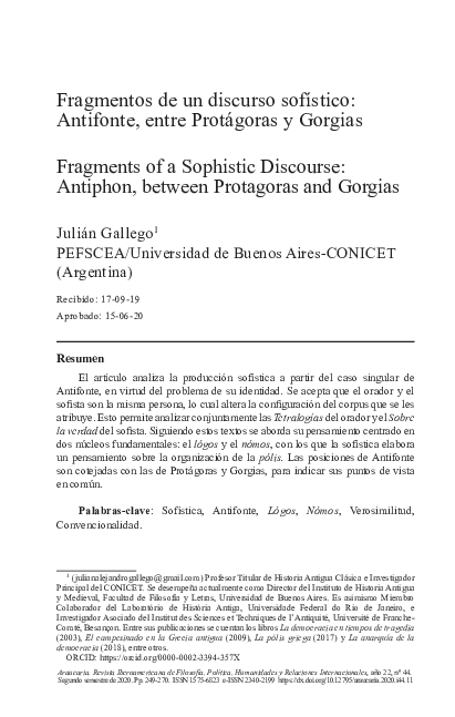 (PDF) Fragmentos de un discurso sofístico: Antifonte, entre Protágoras ...