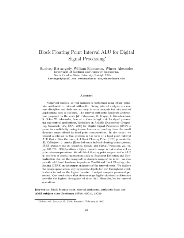 Pdf Block Floating Point Interval Alu For Digital Signal Processing