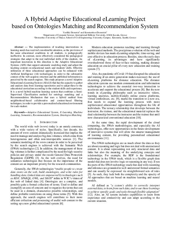 (PDF) A Hybrid Adaptive Educational eLearning Project based on Ontologies Matching and ...