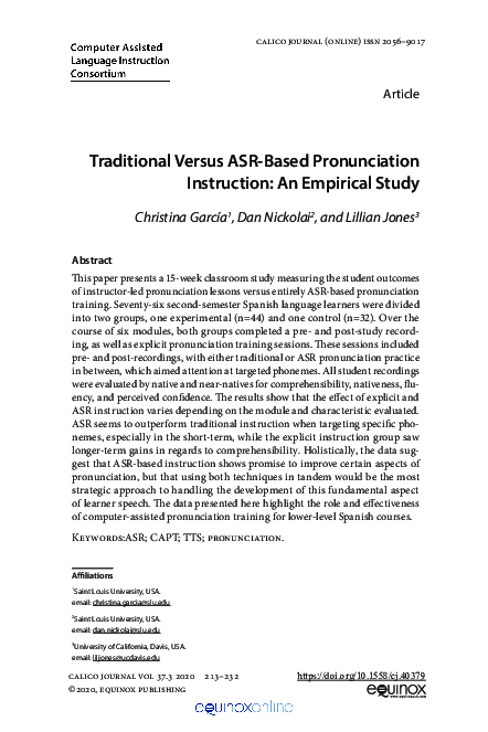 (PDF) Traditional Versus ASR-Based Pronunciation Instruction : An ...