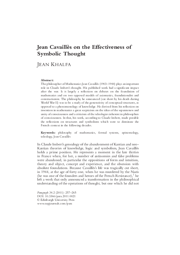 (PDF) Jean Cavaillès on the Effectiveness of Symbolic Thought