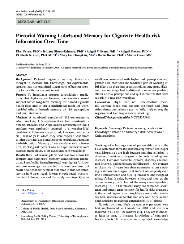 (PDF) Pictorial Warning Labels and Memory for Cigarette Health-risk ...