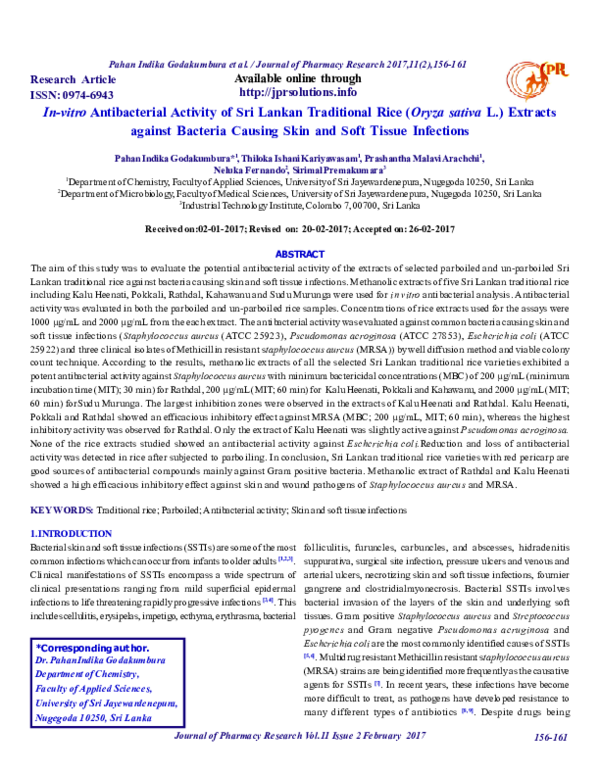 Pdf In Vitro Antibacterial Activity Of Sri Lankan Traditional Rice