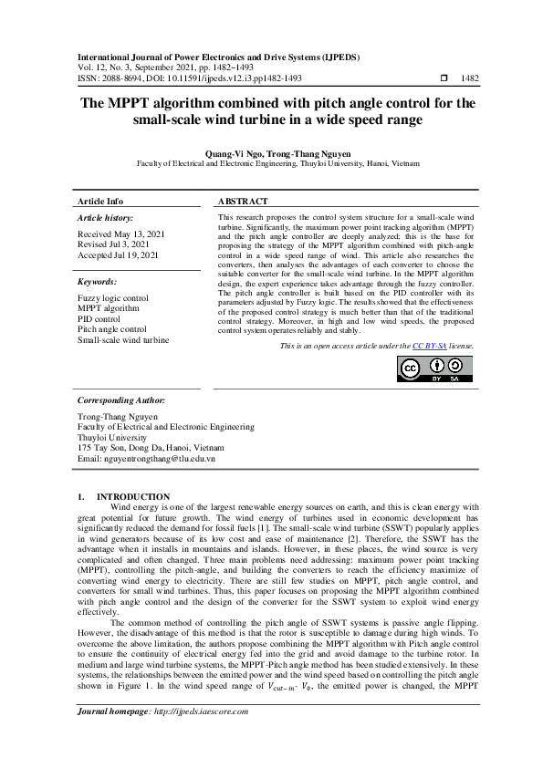 Pdf The Mppt Algorithm Combined With Pitch Angle Control For The