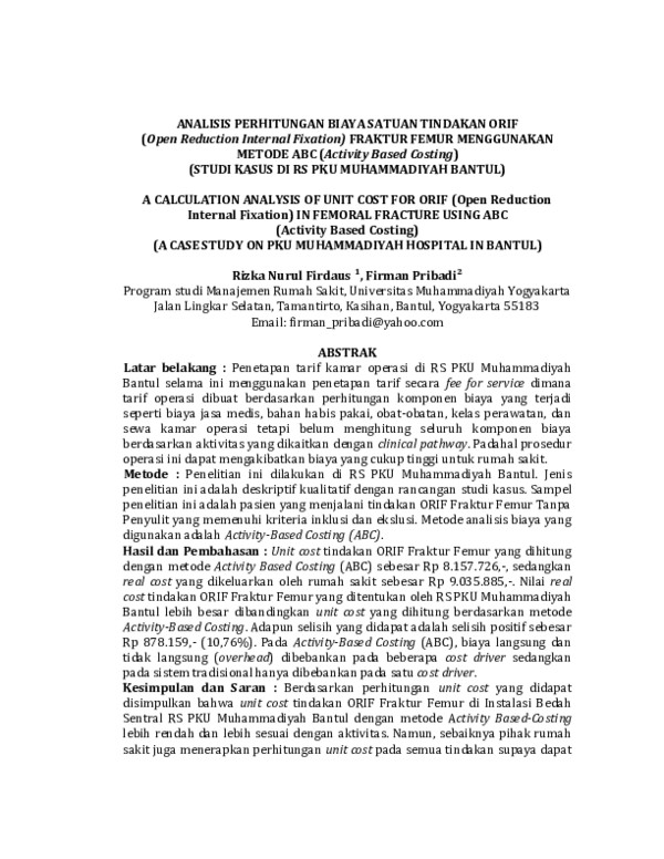 (PDF) ANALISIS PERHITUNGAN BIAYA SATUAN TINDAKAN ORIF (Open Reduction ...