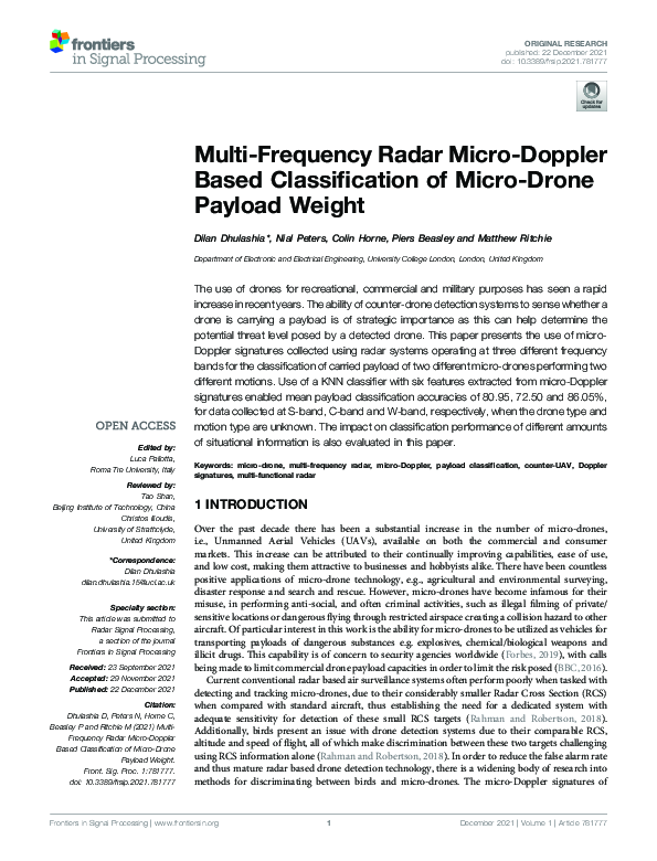 (PDF) Multi-Frequency Radar Micro-Doppler Based Classification of Micro-Drone Payload Weight