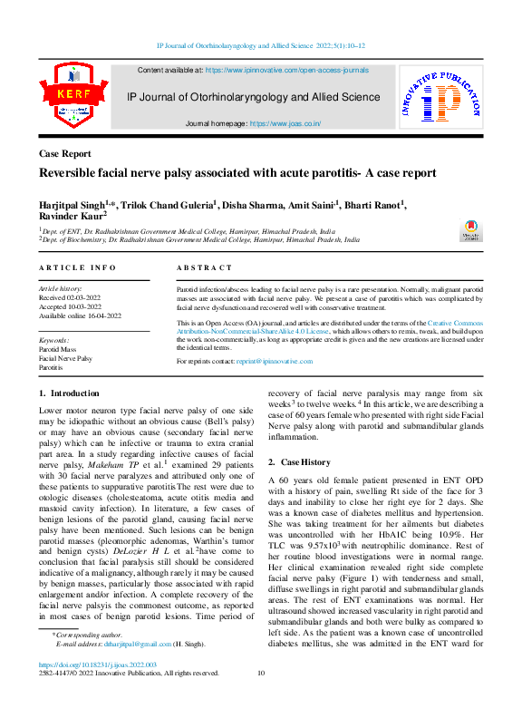 (PDF) Reversible facial nerve palsy associated with acute parotitis- A ...
