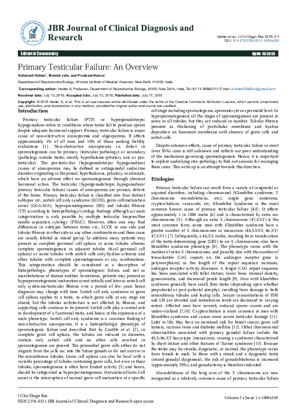 (PDF) Primary Testicular Failure: An Overview