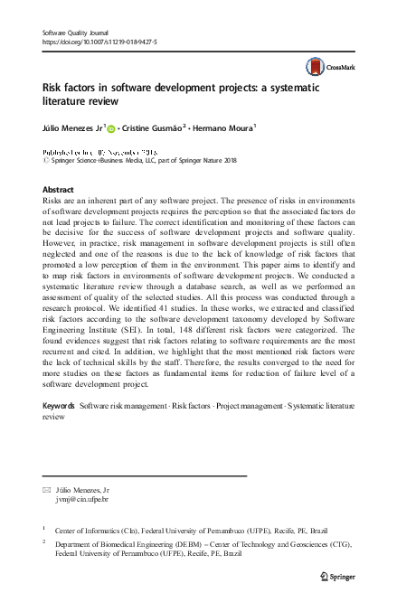(PDF) Risk factors in software development projects: a systematic ...