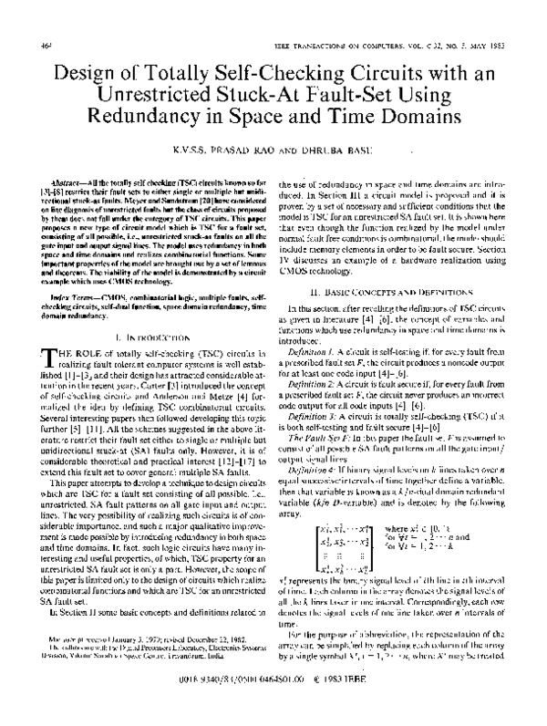 (PDF) Design of Totally Self-Checking Circuits with an Unrestricted Stuck-At Fault-Set Using ...