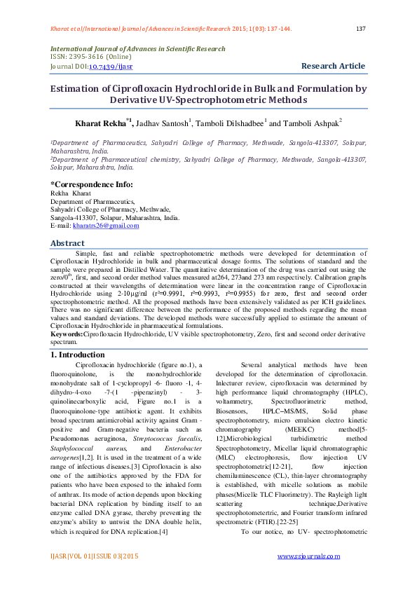 Pdf Estimation Of Ciprofloxacin Hydrochloride In Bulk And Formulation By Derivative Uv