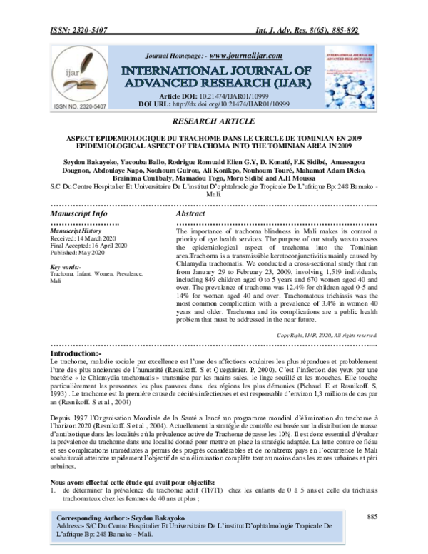 (PDF) Aspect Epidemiologique Du Trachome Dans Le Cercle De Tominian en 2009 Epidemiological ...