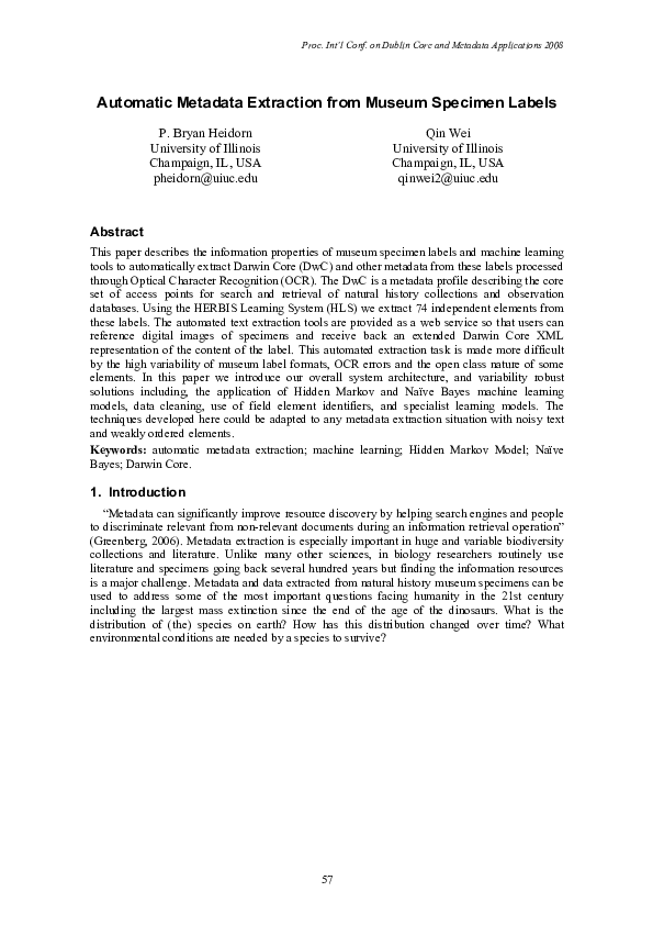 (PDF) Automatic Metadata Extraction From Museum Specimen Labels