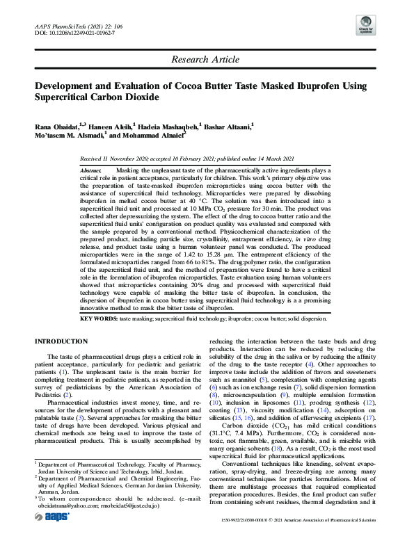 (PDF) Development and Evaluation of Cocoa Butter Taste Masked Ibuprofen Using Supercritical ...