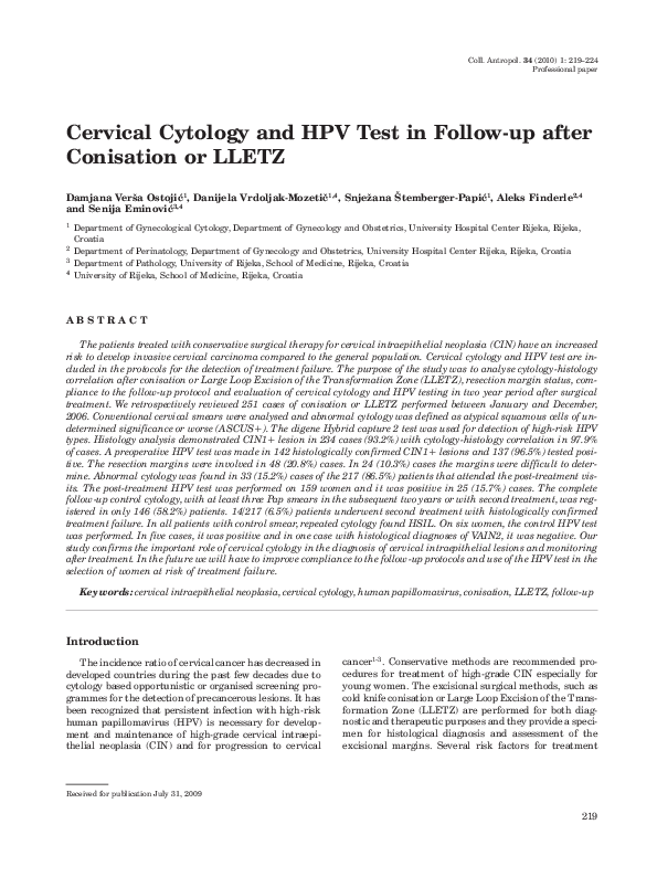 (PDF) Cervical cytology and HPV test in follow-up after conisation or LLETZ