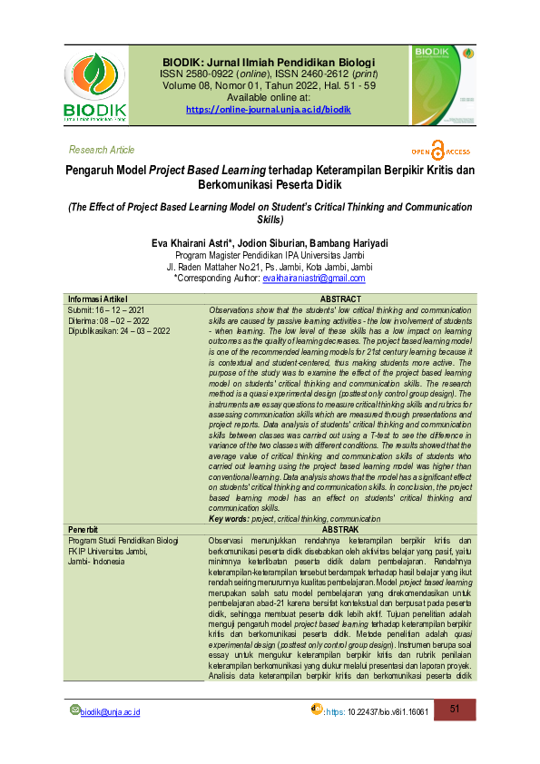 (PDF) Pengaruh Model Project Based Learning terhadap Keterampilan Berpikir Kritis dan ...