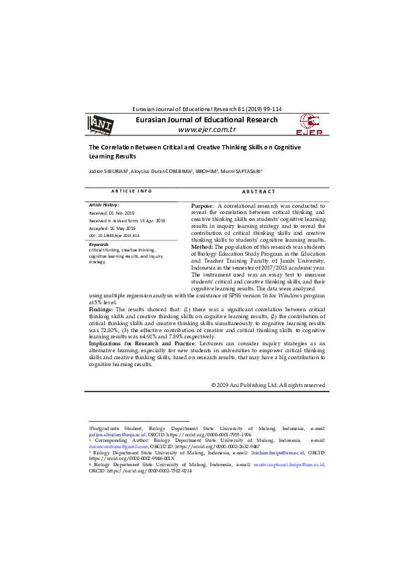 (PDF) The Correlation Between Critical and Creative Thinking Skills on Cognitive Learning Results