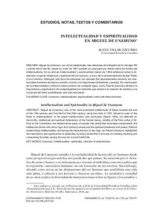 (PDF) Intelectualidad y espiritualidad en Miguel de Unamuno