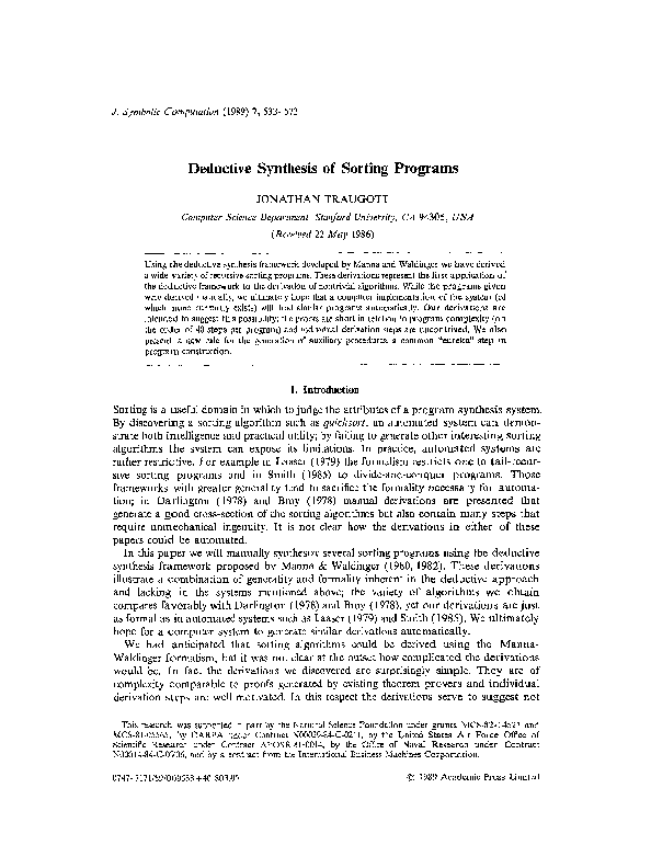 Pdf Deductive Synthesis Of Sorting Programs