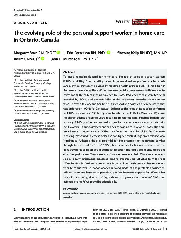 (PDF) The evolving role of the personal support worker in home care in ...