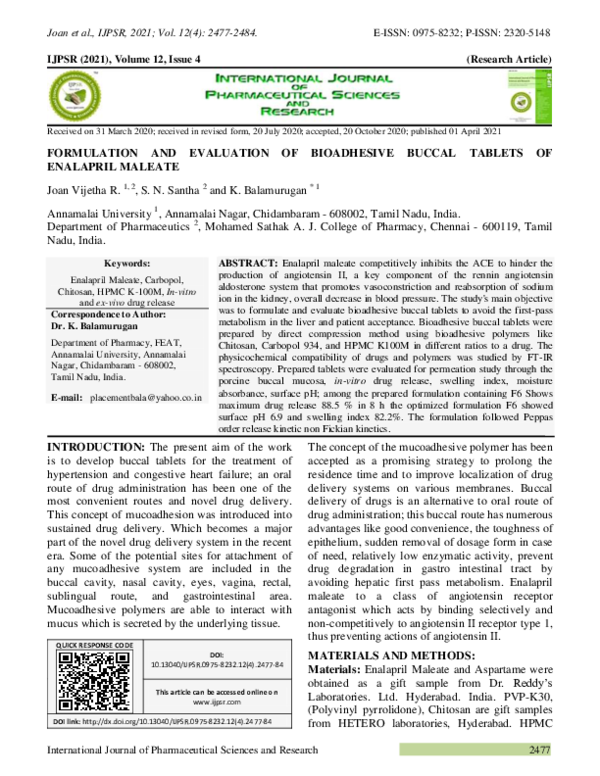 (PDF) FORMULATION AND EVALUATION OF BIOADHESIVE BUCCAL TABLETS OF ...