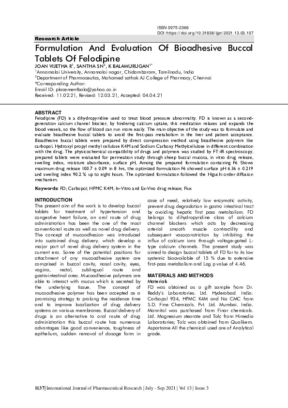Pdf Formulation And Evaluation Of Bioadhesive Buccal Tablets Of Felodipine