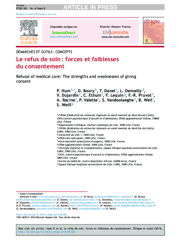 (PDF) Le refus de soin : forces et faiblesses du consentement