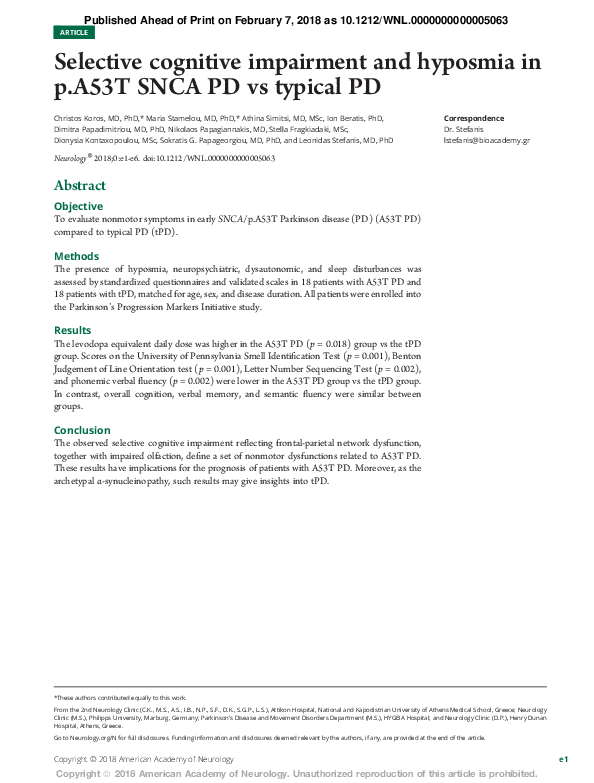 (PDF) Selective cognitive impairment and hyposmia in p.A53T SNCA PD vs ...