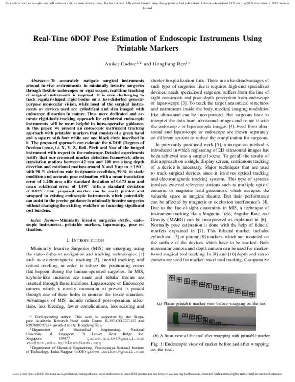 (PDF) Real-Time 6DOF Pose Estimation of Endoscopic Instruments Using Printable Markers