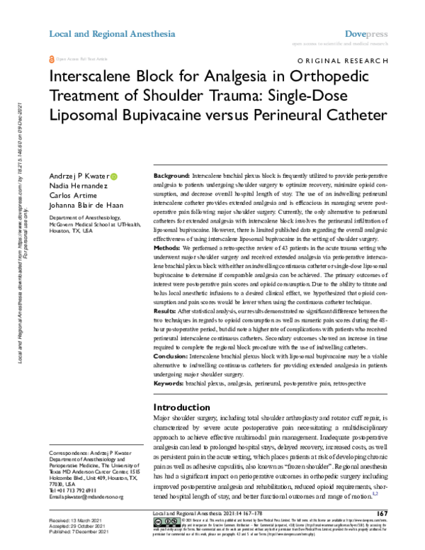 Interscalene Block for Analgesia in Orthopedic Treatment of Shoulder ...