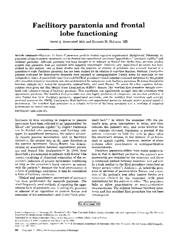 (PDF) Facilitory paratonia and frontal lobe functioning